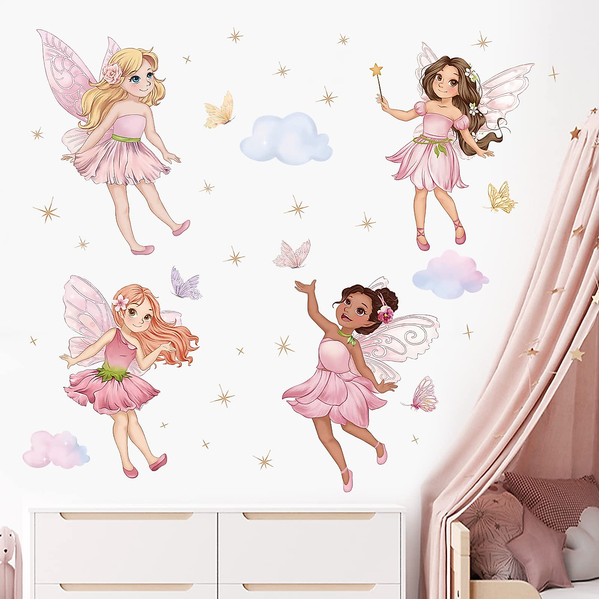 wondever Fairy Wall Stickers Elves Butterfly Girls Peel and Stick Wall Art Decals for Girls Bedroom Kids Room Baby Nursery