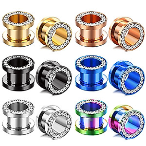 IRONBOX 6Pairs Ear expander Surgical Steel Tunnel Expander Earrings 14G-01G CZ Plugs Body Piercing Jewelry Set