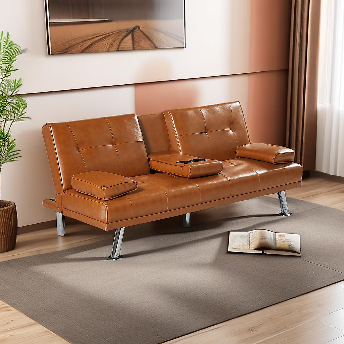 GERDIOEB Modern Convertible Folding Futon Sofa Bed with 2 Cup Holders, Leather Upholstered Adjustable Couch Loveseat Sofa Sleeper with Removable Armrests for Living Room Office Small Space (Tan)