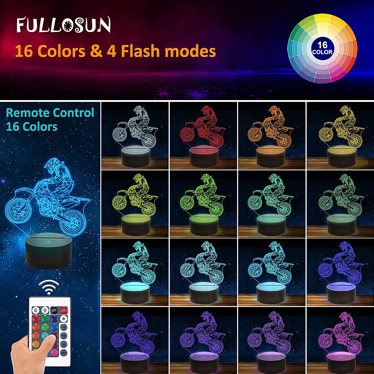 FULLOSUN Dirt Bike Gifts, Motocross 3D Night Light for Kids for Xmas Holiday Birthday Gifts for Kids Motorcycle Fan with Remote Control 16 Colors Changing + 4 Changing Mode + Dim Function