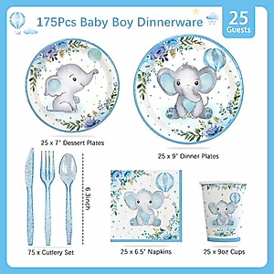 175Pcs Baby Boy Shower Decorations Plates Set for 25 Guests, Elephant Baby Shower Paper Plates Napkins Cups and Utensils Tableware Blue Floral Theme Birthday Party Supplies