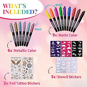 SUSIKEKI Temporary Tattoo Markers for Skin, 15 Colors Tattoo Pen + 50 Paint Stencils + 43 Tattoos Stickers, Glitter & Matte & Neon Glow Body Marker Set, Removable Fake Tattoos Kit for Teens and Adult