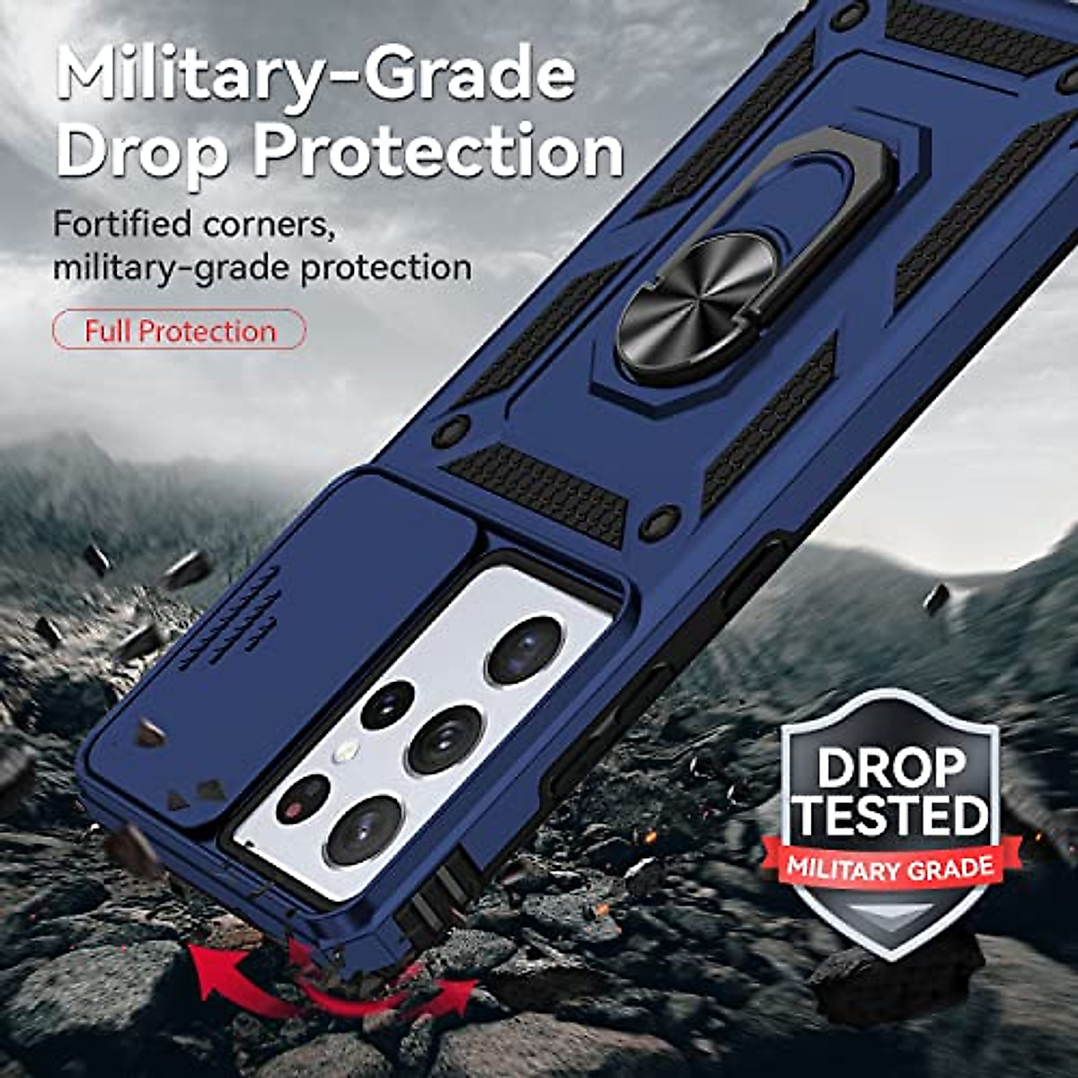 for Samsung Galaxy S21 Ultra Case with Camera Lens Cover HD Screen Protector,Military-Grade Drop Tested Magnetic Ring Holder Kickstand Protective Phone Case for Samsung Galaxy S21 Ultra 5G (Navy Blue)