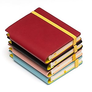 Fdesign A7 Mini Notebook Set, 4 Pack, Pocket Notebook, Thermo Leather Hard Cover, 2.9" x 4.1", 96 Sheets, 80 gr ivory plain papers, 4 Colors (red+black+pink+blue)