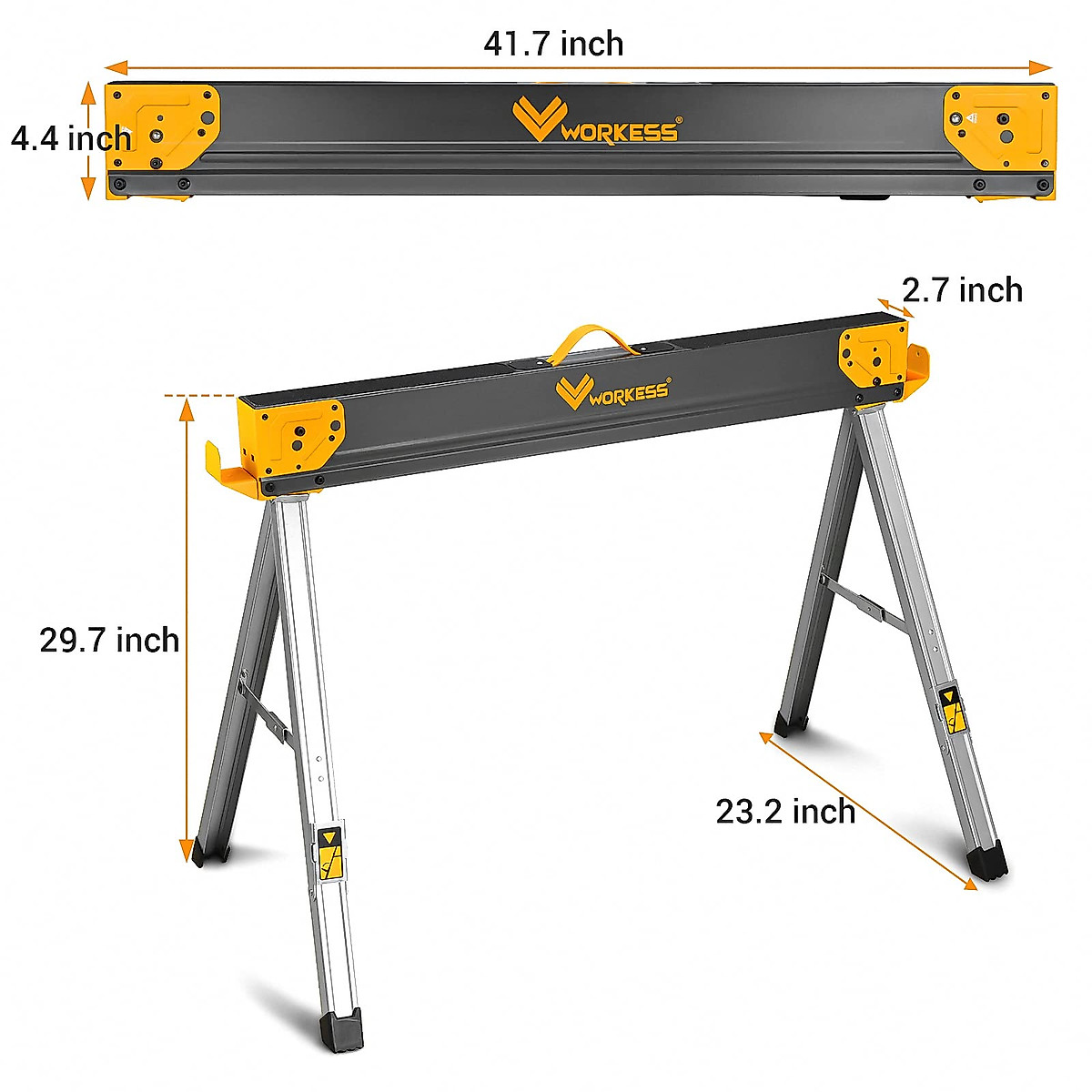 WORKESS Saw Horses 2 Pack Folding, Heavy Duty Sawhorse Table 2600 Lbs Load Capacity with 2x4 Support Legs, Portable Folding and Fast Open Legs and Easy Grip Handle for Woodworking.