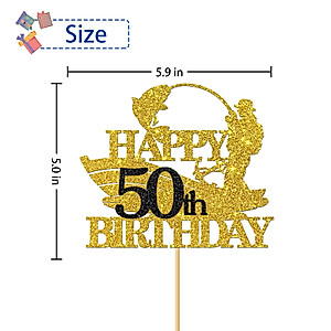 Fisherman Happy 50th Birthday Cake Topper - Fishing 50th Birthday Cake Decor Supplies - Fishing Enthusiasts 50th Birthday Party Decorations - Gold Glitter (50th)