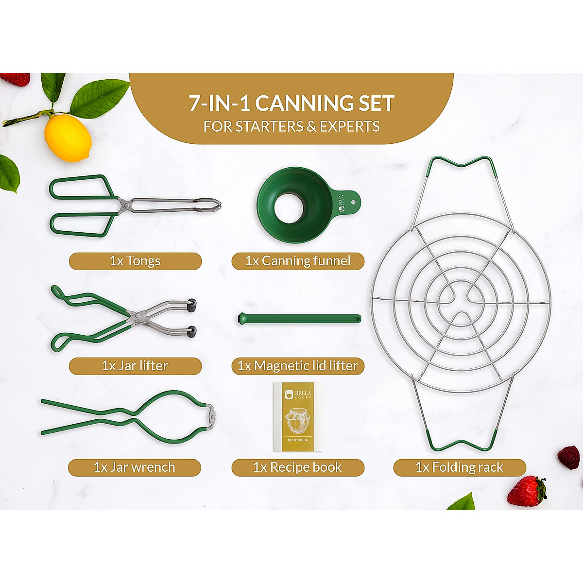 BELLA COOKS Canning Supplies Starter Kit - 7-in-1 Canning Set - Incl. Canning Funnel, Canning Rack, Canning Jar Lifter, Jar Wrench, Tongs & more