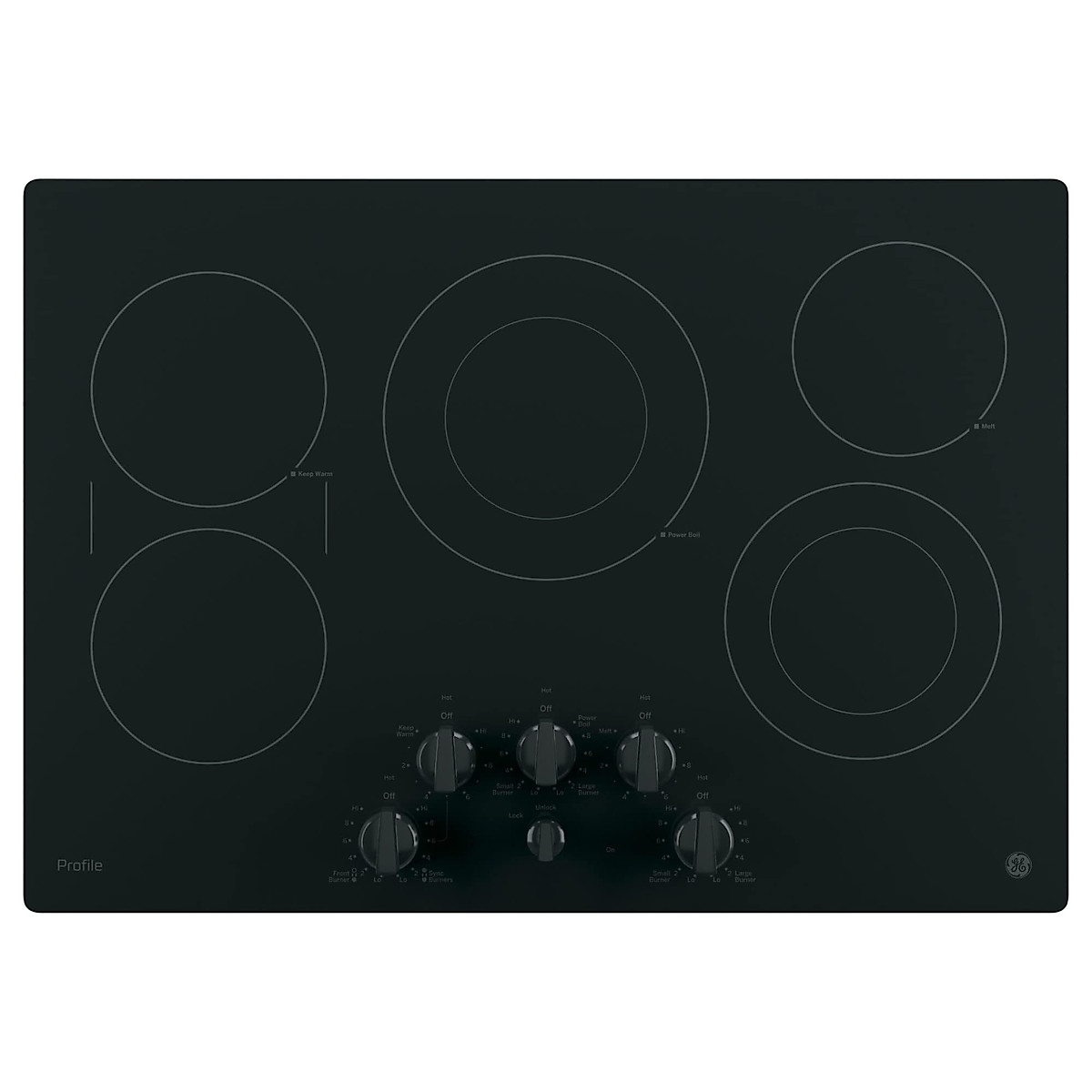 GE PP7030DJBB 30 Inch Electric Cooktop with 5 Radiant, Bridge SyncBurners, 9/6 Inch Power Boil Element, Keep Warm Setting, Red LED Backlit Knobs, ADA Compliant Fits Guarantee