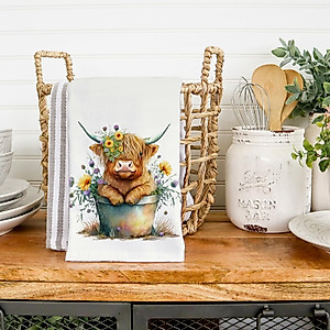 AnyDesign Highland Cow Kitchen Dish Towel 18 x 28 Inch Rustic Farmhouse Dishcloth Seasonal Cute Cow Decorative Hand Tea Towel for Kitchen Home Cooking Baking Cleaning, 2Pcs