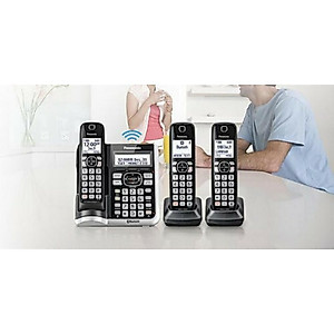 Panasonic Link2Cell Bluetooth Cordless Phone System with Voice Assistant, Call Blocking and Answering Machine. DECT 6.0 Expandable Cordless System - 3 Handsets - KX-TGF573S (Black/Silver Trim)