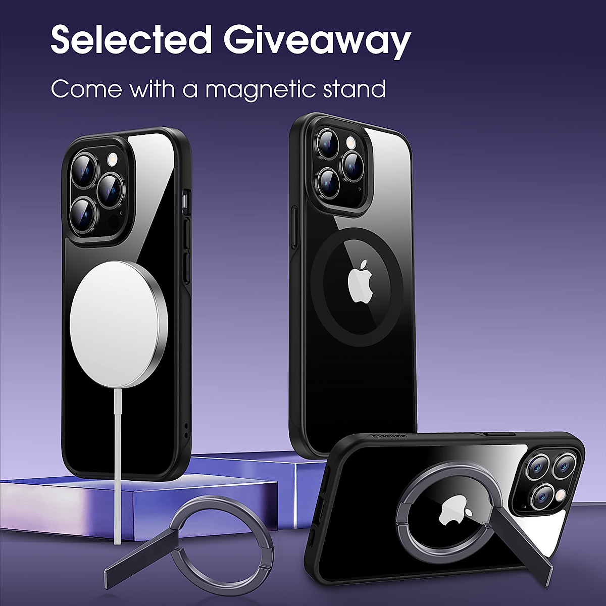 CASEKOO Clear Hybrid for iPhone 14 Pro Max Case (2024 Upgraded), Ultra Strong Magnetic Force, 10FT Milirary Drop Protection, with 360° Rotating Magnetic Stand, Transparent Slim 6.7 inch, Clear Black