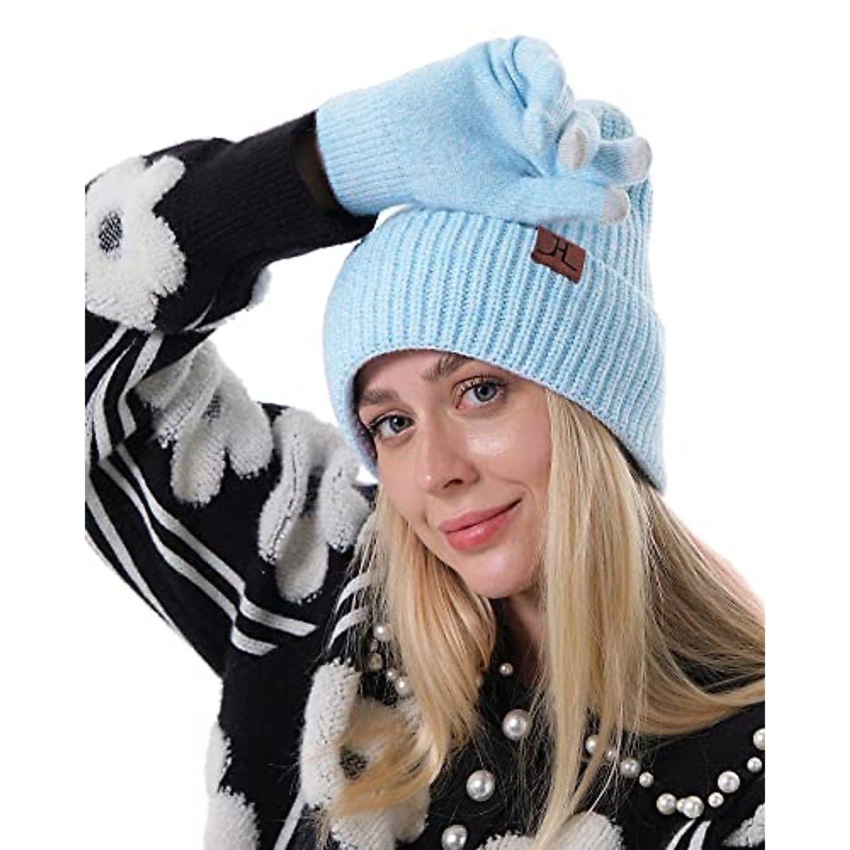 Womens Winter Knit Beanie Hats Touchscreen Gloves Warm Wool Hat and Gloves Set Skull Caps with Fleece Lined