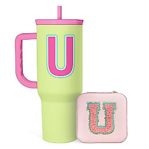 SANDJEST Stainless Steel Slider Tumbler With Handle 40oz & Jewelry Case with Initial U