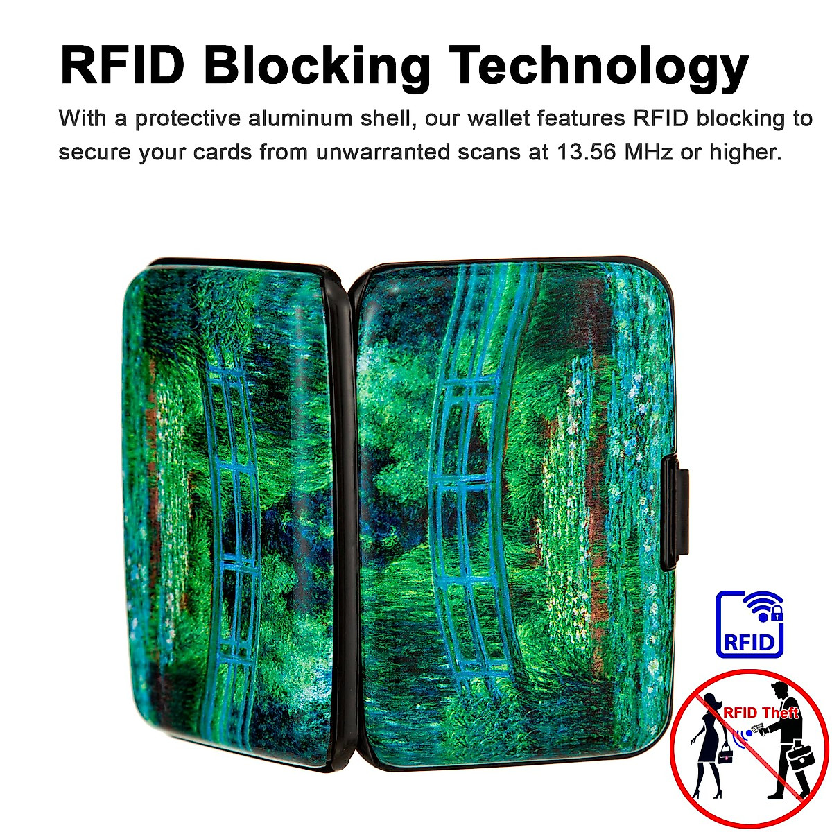 Kaabao Credit Card Holder Small RFID Blocking Wallet Business Metal Slim Mini Aluminum Hard Case for Women Men Gift (Japanese Bridge and Water Lily Pond)