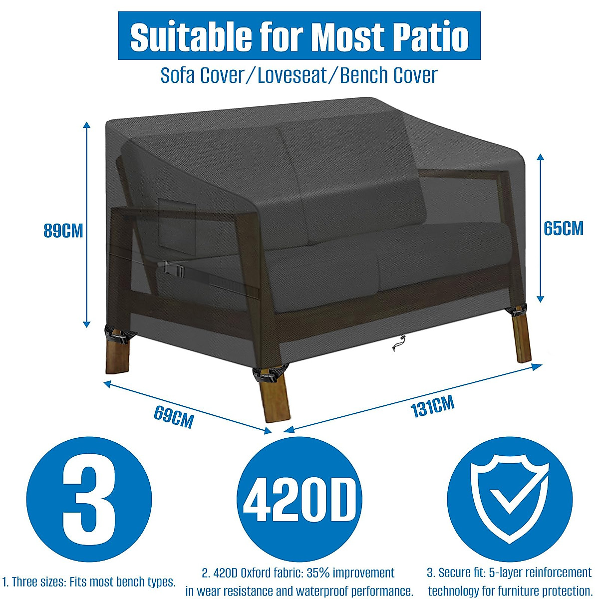 SIRUITON 2-Seat Heavy Duty Garden Patio Sofa/Loveseat/Bench Cover,100% Waterproof Outdoor Sofa Cover, Lawn Patio Furniture Covers Black, 51" W x 27" D x 35" H