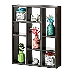Sziqiqi Wood Floating Shelves 9-Compartment Small Hanging Display Shelf - Rustic Wall Mounted Freestanding Multi-Slot Storage Shelving for Bedroom Kitchen Living Room Bathroom Brown