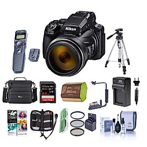 Nikon COOLPIX P1000 Digital Camera Bundle with 77mm Filter Kit, Shoulder Bag, Memory Card, Card Reader, Memory Card Wallet, Software Kit, Battery Pack, Tripod, Remote Shutter, Cable, Bracket
