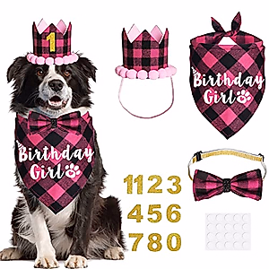 JOTFA Dog Birthday Party Supplies, Plaid Dog Birthday Bandana Girl with Dog Birthday Number Crown Hat Bowtie for Small Medium Dogs Birthday Outfit (Pink, Bandana & Hat & Bow Tie & Number)