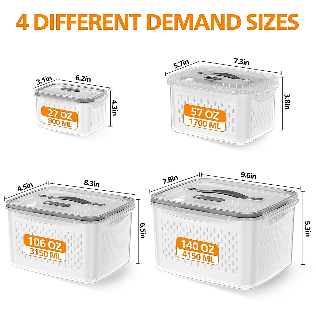 JSCARES 4-Pack Fruit-Storage-Containers for Fridge with Colander, Airtight Food Storage Containers with Lids & Handle, Produce Storage Bins Set for Refrigerator for Salad Berry Lettuce Vegetables Meat