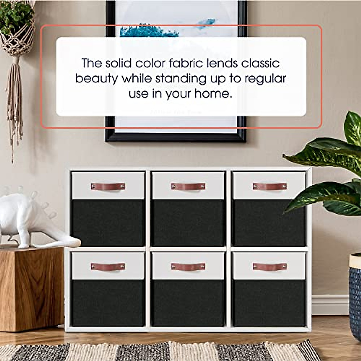 Ornavo Home Foldable Collapsible Storage Box Bins Linen Fabric Shelf Basket Cube Organizer with Leather Handles - Set of 6 - 13 x 13 x 13 - White/Black