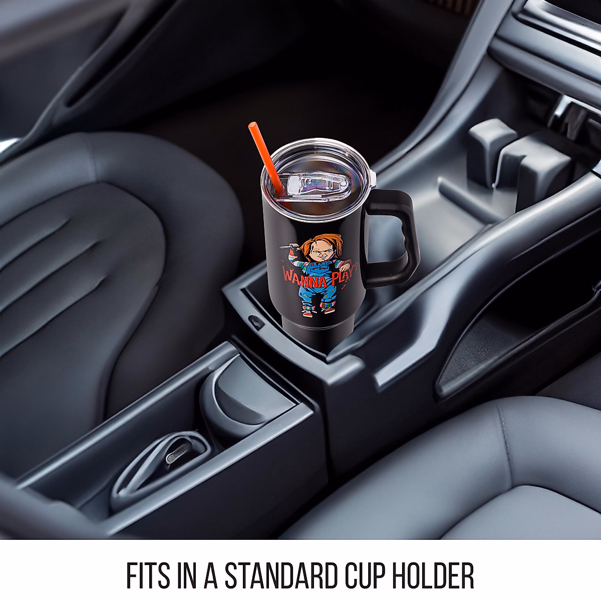 Silver Buffalo Chucky Holding Knife Wanna Play Spooky Scary Stainless Steel Tumbler with Handle and Straw, Fits in Standard Cup Holder, 40 Ounces