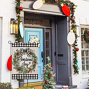 Selmad Christmas Joy Wreath Decorative Burlap Garden Flag, Xmas Buffalo Plaid Check Farmhouse Home Yard Small Outdoor Decor, Winter Pine Cone Outside Decoration Double Sided 12 x 18