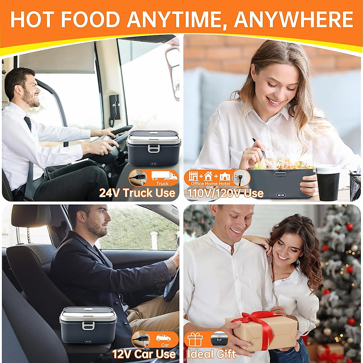 Auingote Electric Lunch Box for Adults 90W Heated Lunch Box - 12/24/110V Portable Food Warmer with 2L Stainless Steel Container - Food Heater Lunch Warmer for Car, Truck, Office - Grey