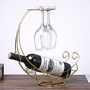 Homya Tabletop Metal Wine Bottle Rack Elevated Vertical Countertop Wine Glass Display Organizer, Dining Table Offers Wine Glasses as Gifts, Holds 1 Bottle 2 Glasses, Plating Craft Gold Glod