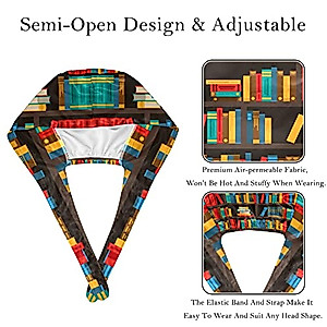 Bouffant Working Cap with Ribbon Tie for Women Long Hair, Adjustable Unisex Surgical Hat, Bookshelf Multi Clean Scrub Caps, 2 Pack