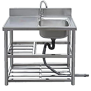 Outdoor Sink Kitchen Sink Commercial Catering Sink Free Standing Stainless Steel Single Bowl Basin with Faucet and Workbench with Drainer Unit and Storage Shelves for Outdoor Indoor. (Color : Hot and