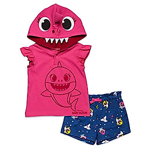 Pinkfong Baby Shark Toddler Girls French Terry Short Sleeve Hoodie & Shorts Set 3T