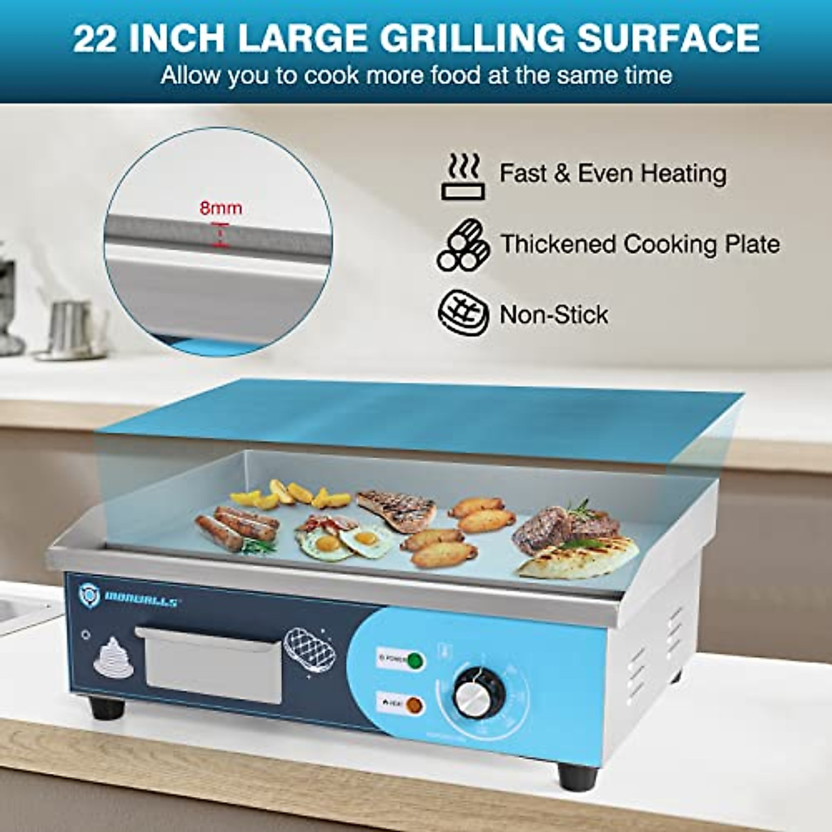 IRONWALLS Commercial Griddle Electric 22”, 3000W Electric Flat Top Grill, Stainless Steel Countertop Electric Griddle Nonstick with 122~572℉Adjustable Temperature Control for Restaurant Kitchen