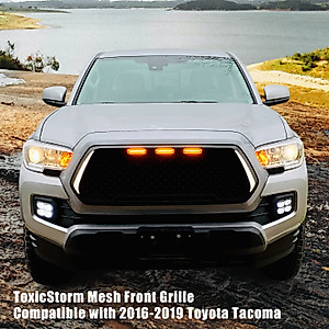 ToxicStorm Mesh Grille Front Grill Matte Black Compatible for Toyota Tacoma 2016-2019 with DRL & Turn Signal Lights and 3 Amber LED Lights
