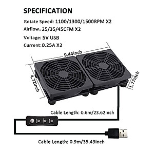 120mmx2 240mm 5V Dual USB Powered PC Router Fans with Speed Controller High Airflow Cooling Fan for Router Modem DVR Playstation TV Box and Other Electronics