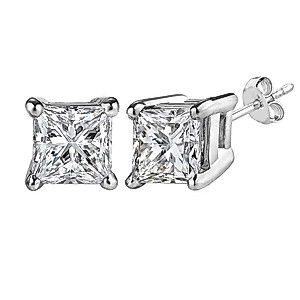 14k White Gold Princess Cut White Cubic Zirconia Stud Earrings, 5mm