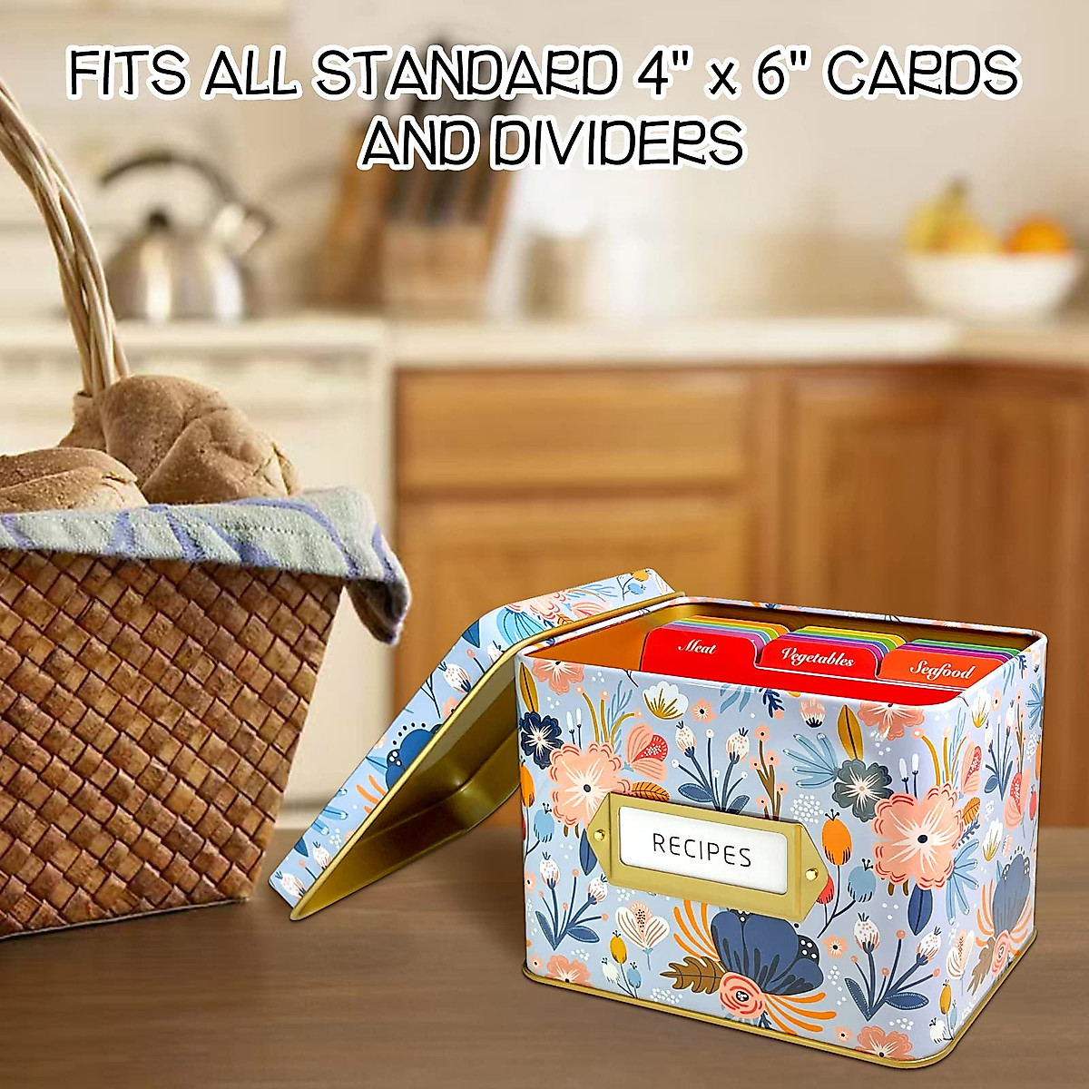 SUPMIND Recipe Box, Recipe Card Box for 4" x 6" Recipe Cards, Durable Metal Recipe Holder, Decorative Recipe Tin with Gift Box
