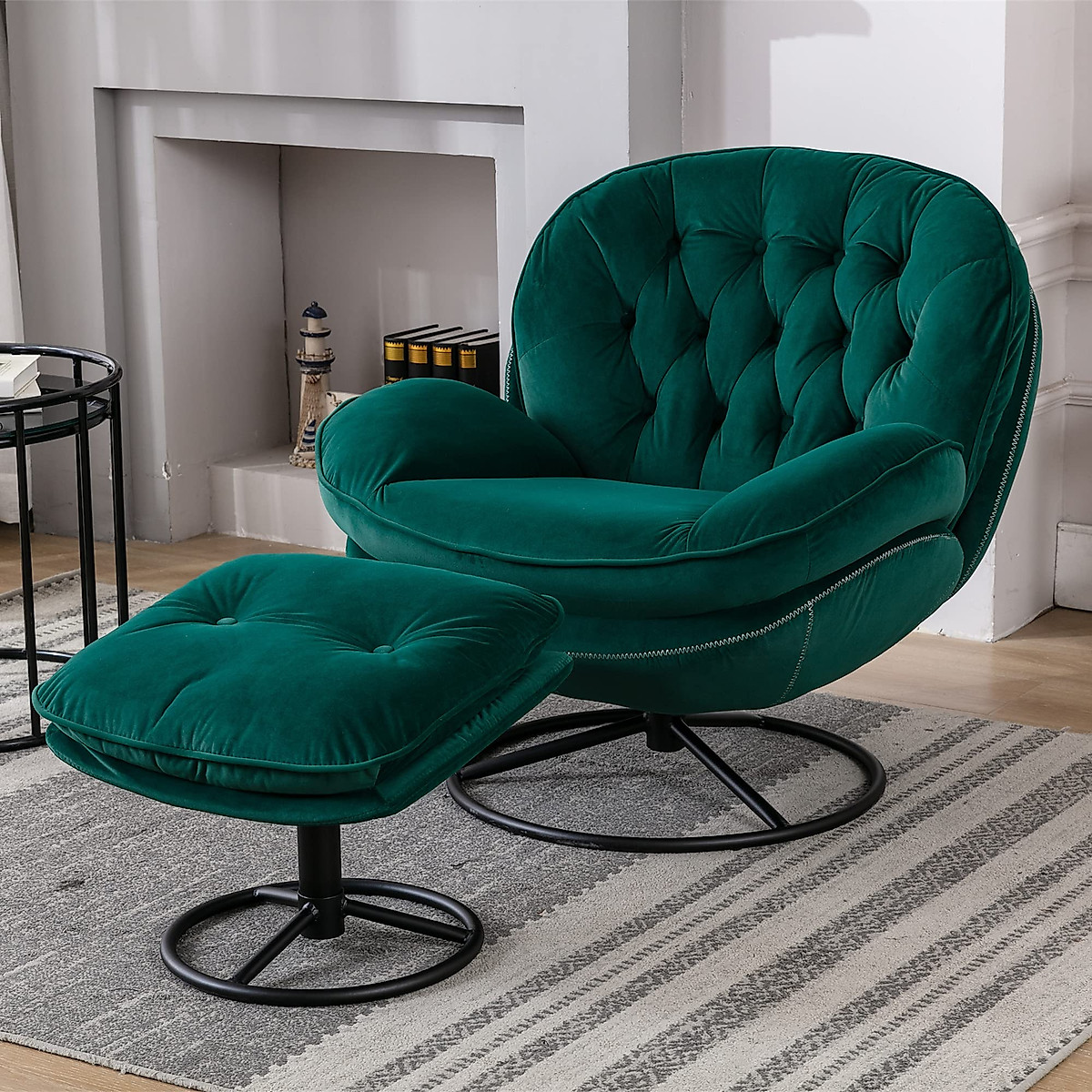 Swivel Accent Chair with Ottoman Set, Modern Velvet Lounge Chair with Metal Base Frame Footrest Comfy Armchair TV Chairs Reading Chair for Reading, Living Room, Bedroom - Green