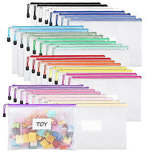 EOOUT 32pcs Mesh Zipper Pouch, Letter Size, Zipper Bags, Document Bag with Label Pocket, Plastic Zip File Folders in 16 Colors, for Organizing, for School, Board Games and Office Supplies