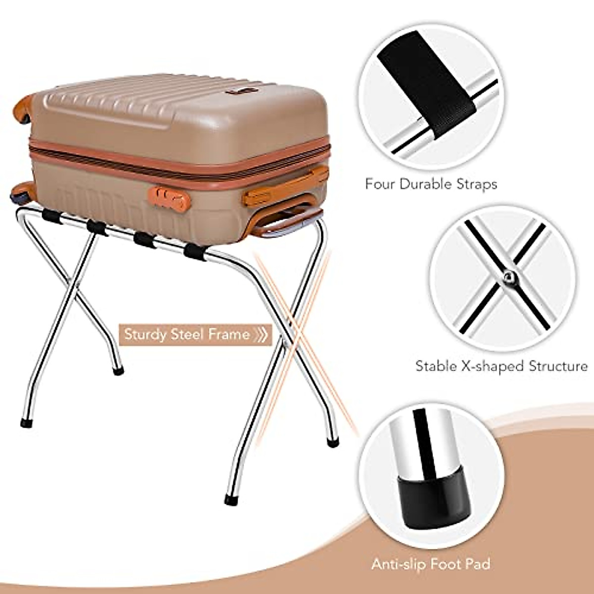 GOFLAME Folding Luggage Rack, Chrome Metal Suitcase Stand for Guest Room, Bedroom, Hotel, No Assembly Required