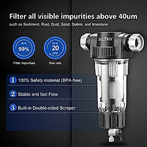 ALTHY Spin Down Sediment Filter, Reusable Whole House Sediment Water Filter, Flushable Prefilter Pre-Filtration System, 3/4" + 1/2", 40-Micron Stainless Steel Mesh, Traps Rust, Dust, Sand