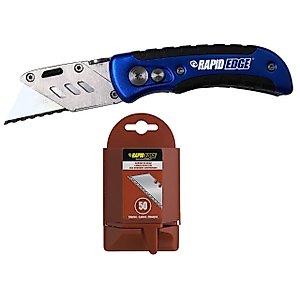 Rapid Edge Folding Utility Knife with Serrated Blade, Anodized Aluminum Handle, 5X Longer Blade Life and Quick Change Button(with 5 pack blades)