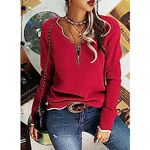 Hongqizo Women's V Neck Long Sleeve Sweater Half Zipper Knit Sweater Casual Cricket Stripe Jumper Pullover Red