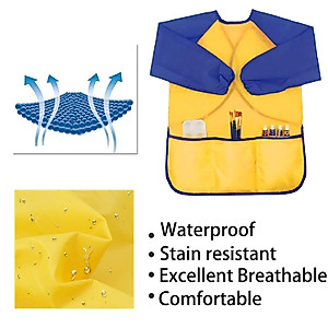 URSKYTOUS 2 Pack Kids Art Smocks Children Painting Aprons Long Sleeve Kids Smock with 3 Pockets Toddler Smocks Gifts for Art Craft, Cooking, Baking, Feeding, Age 3-7 Years, Blue and Yellow