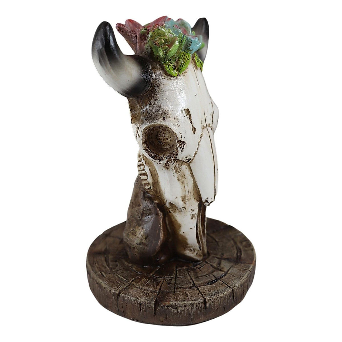 Ebros Gift Southwest Aged Bone Bull Cow Steer Head Skull with Floral Succulents Sculpture On Round Wooden Slice Base As Bisons Steers Cows Fossil Faux Taxidermy Rustic Western Decor Sculpture