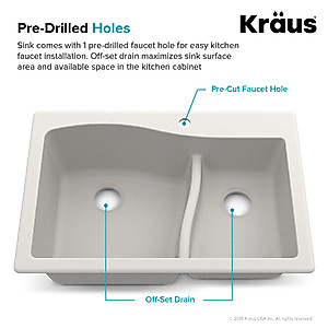 KRAUS Quarza 33-inch Drop-In/Undermount 60/40 Double Bowl Granite Kitchen Sink in White, KGD-442WHITE