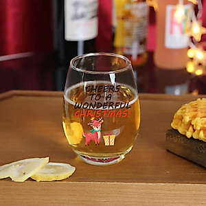 Jogskeor Cheers to a Wonderful Christmas Wine Glass, Christmas Elk Stemless Wine Glass for Friends Dad Mom Women Men Christmas New Year Wedding Party Winter Holiday Party, 15 Oz