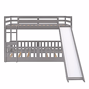 RORIGAT Twin Over Twin Floor Bunk Bed with Slide and Ladder, Low Bunk Bed for Kids Boys Girls Teens, Gray