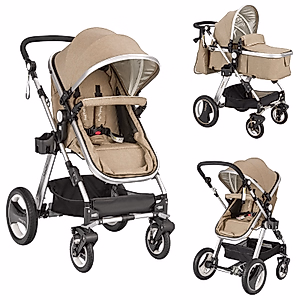 BABY JOY Baby Stroller, 2-in-1 Convertible Bassinet Reclining Stroller, Foldable Pram Carriage with 5-Point Harness, Including Cup Holder, Foot Cover, Diaper Bag, Aluminum Structure, Khaki