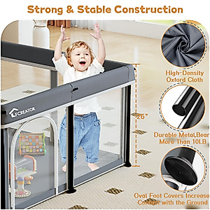 LFCREATOR Foldable Baby Playpen, Playpen for Babies and Toddlers Indoor & Outdoor,Baby Activity Center with Visible Breathable Mesh,50”×50”（Grey）