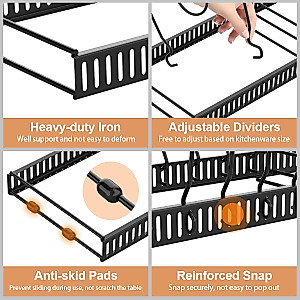 Housolution Pot and Pan Organizer Rack for Cabinet, Expandable Pot Lid Organizer Holder with 14 Adjustable Dividers, Pan Organization and Storage Lid Organizer Rack Pots and Pans for Cabinet, Black